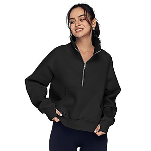 AUTOMET Womens Sweatshirts Half Zip Pullover Cropped Fleece Quarter Zipper Hoodies 2023 Fall Fashion Outfits Clothes Sweater Thumb Hole Black