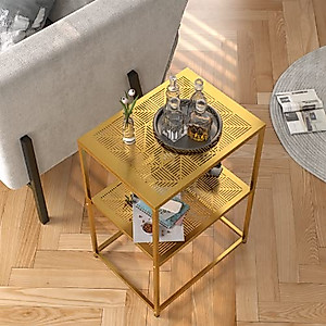 Yusong Narrow End Table, Small Gold Side Table for Small Spaces, Standing Metal Shelf, Night Stand Bedside Table for Bedroom, Sofa Couch Tables for Living Room, Gold