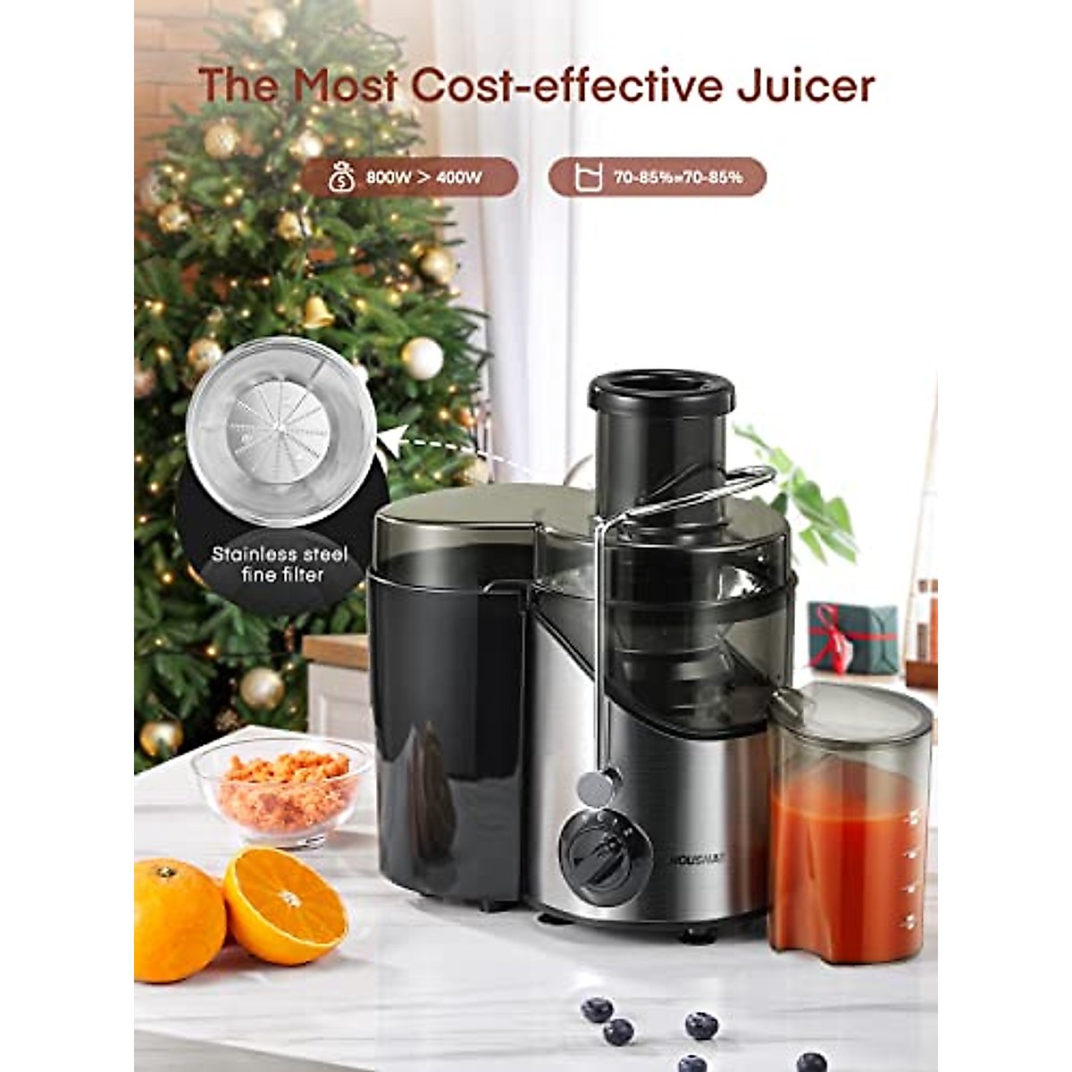 Juicer Machines, Juicers Extractor Easy to Clean, HOUSNAT Centrifugal Extractor Juicer 3 Speeds with Big Mouth 3" Feed Chute, Juicer Extractor for Fruits & Vegs, Electric Juicer with Anti-Slip, BPA-Free