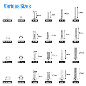 DYWISHKEY 520 PCS M3 M4 M5 M6, 304 Stainless Steel Hex Button Head Cap Bolts Screws Nuts Washers Assortment Kit with Hex Wrenches