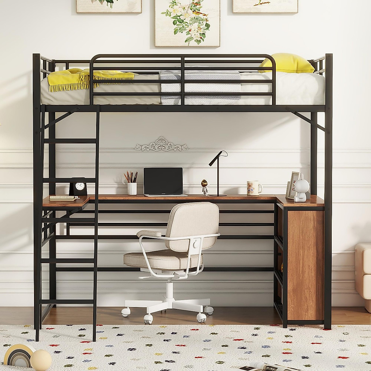 Twin Size Metal Loft Bed with L-Shaped Desk,Heavy Duty Metal Loft Bed with 3 Tier Shelves for Kids Teens Adults,High Loft Bed Frame, Space Saving(Twin,Black)