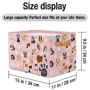 Storage Baskets with Handles, Cute Dogs Pink Storage Cube Rectangular Fabric Collapsible Toy Storage Bin Organizer for Closet Shelf Laundry Nursery Kids Bedroom, 15x11x9.5 In
