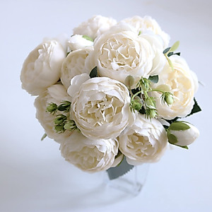 NINAT Peony Artificial Flowers Artificial Bouquet Fake Flowers Silk 20 Heads 16 Buds with Flower Stem for Wedding Valentine's Day Party Home Decoration Pack of 4 (White)