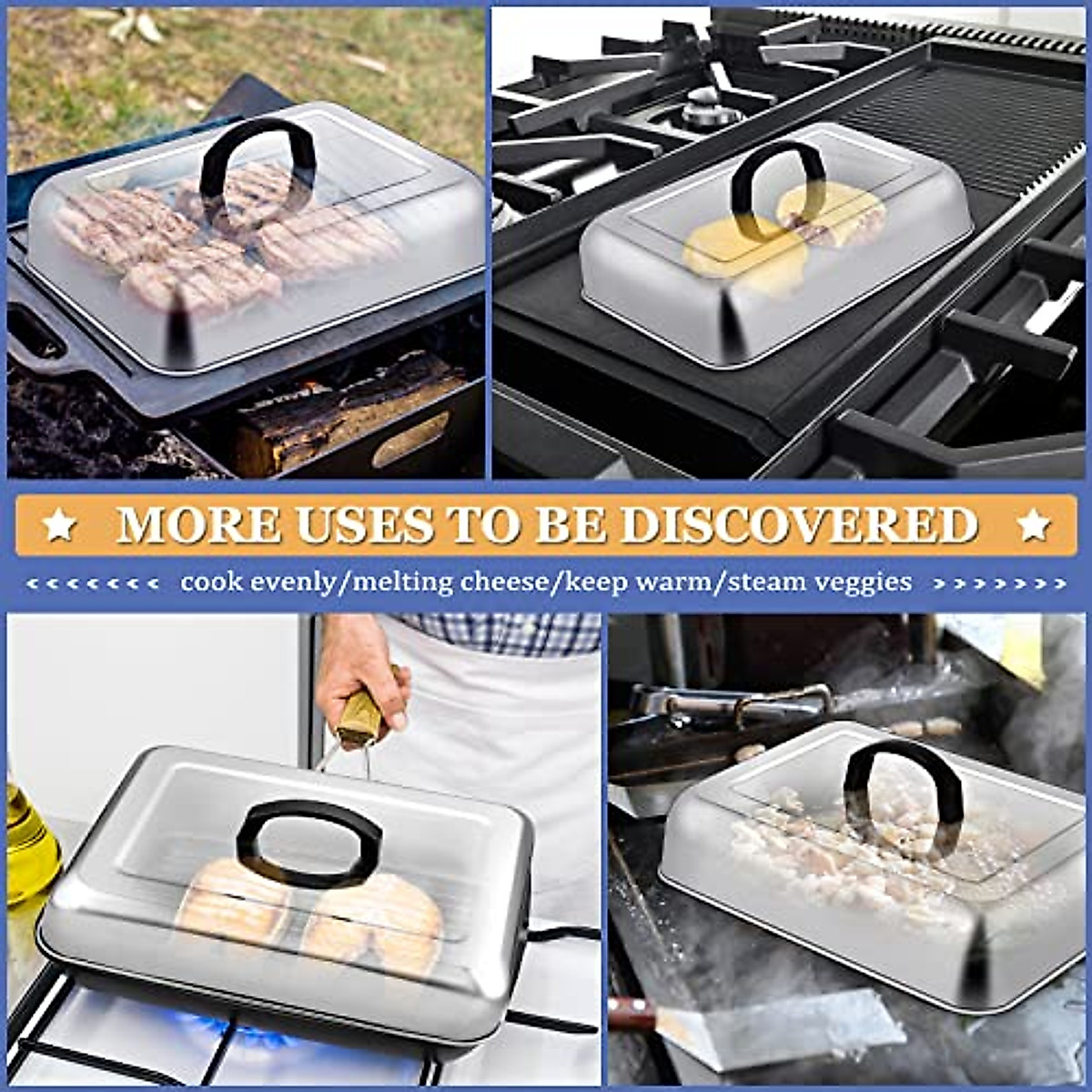 Rectangle Cheese Melting Dome, HaSteeL Stainless Steel Basting Cover for Flat Top Griddle BBQ Steaming Grilling Cooking Indoor & Outdoor, Large 13In & Small 9.3In, Heavy Duty & Dishwasher Safe(2 Pcs)