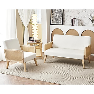 AMERLIFE Rattan Sofa, 2 Piece Sofa Couch Set- Sofa Chair for Living Room with Rattan Armrest, Loveseat Sofa Set, Velvet White Armchair
