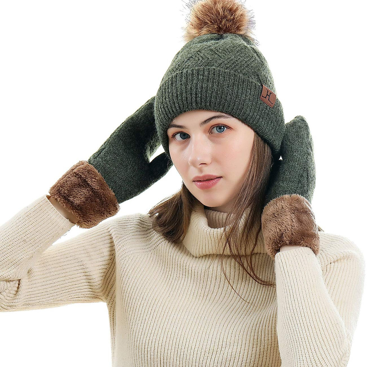 MAYLISACC Cable Knit Beanie-Hats and Mittens-Gloves-Set for Women Fleece Lined Winter Ski Caps with Fuax Fur Pom Pom, Green