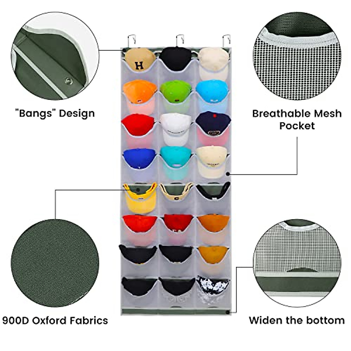 Hat Racks for Baseball Caps, Baseball Hat Organizer Ball Cap Holder with 24 Breathable Mesh Pockets, Hat Storage Hanger with 4 Metal Hooks and 3 Adhesive Velcro Strips