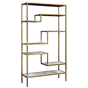 Versanora Teamson Home Marmo Faux Marble Top Metal Frames 5 Tier Modern Bookcase Display Rack Accent Furniture with Open Shelf Storage for Living Room Home Office Bedroom, 72 inch Height, Brass