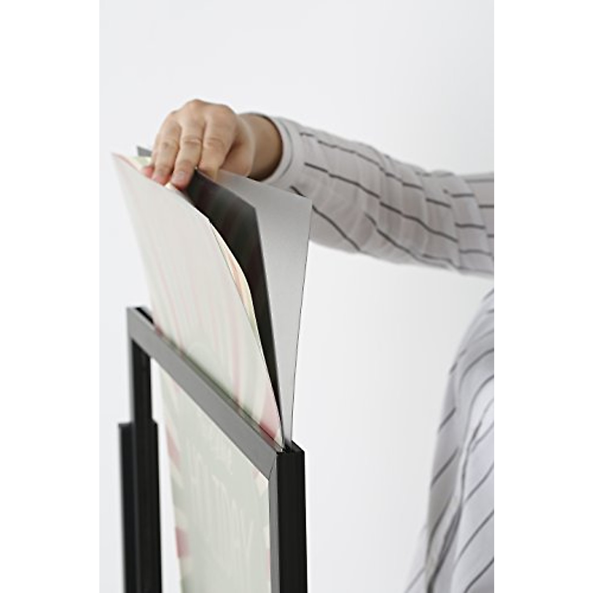 M&T Displays Metal Eco Info Board, Black 18x24 Inches Slide-In Poster Sign Holder 1 Tier Double Sided Floor Standing Pedestal Advertising Display with Backing and Anti-Glare PET Cover