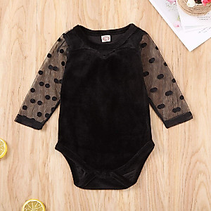 Hebuket Toddler Baby Girl Velvet Romper Long Sleeve Lace One Piece Jumpsuit Spring Solid Net Yarn Velour Bow-knot Bodysuit (Black, 12-18 Months)