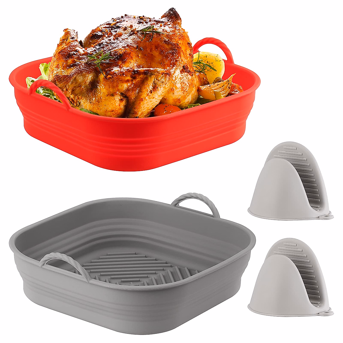 2Pcs Foldable Air Fryer Silicone Liner with Heat Resistant Glove - Reusable Silicone Pot, Food Grade Silicone Basket, Oven Accessory Non-Stick Baking Tray for 5.8-8 QT Air Fryer, 8.5 Inch Large