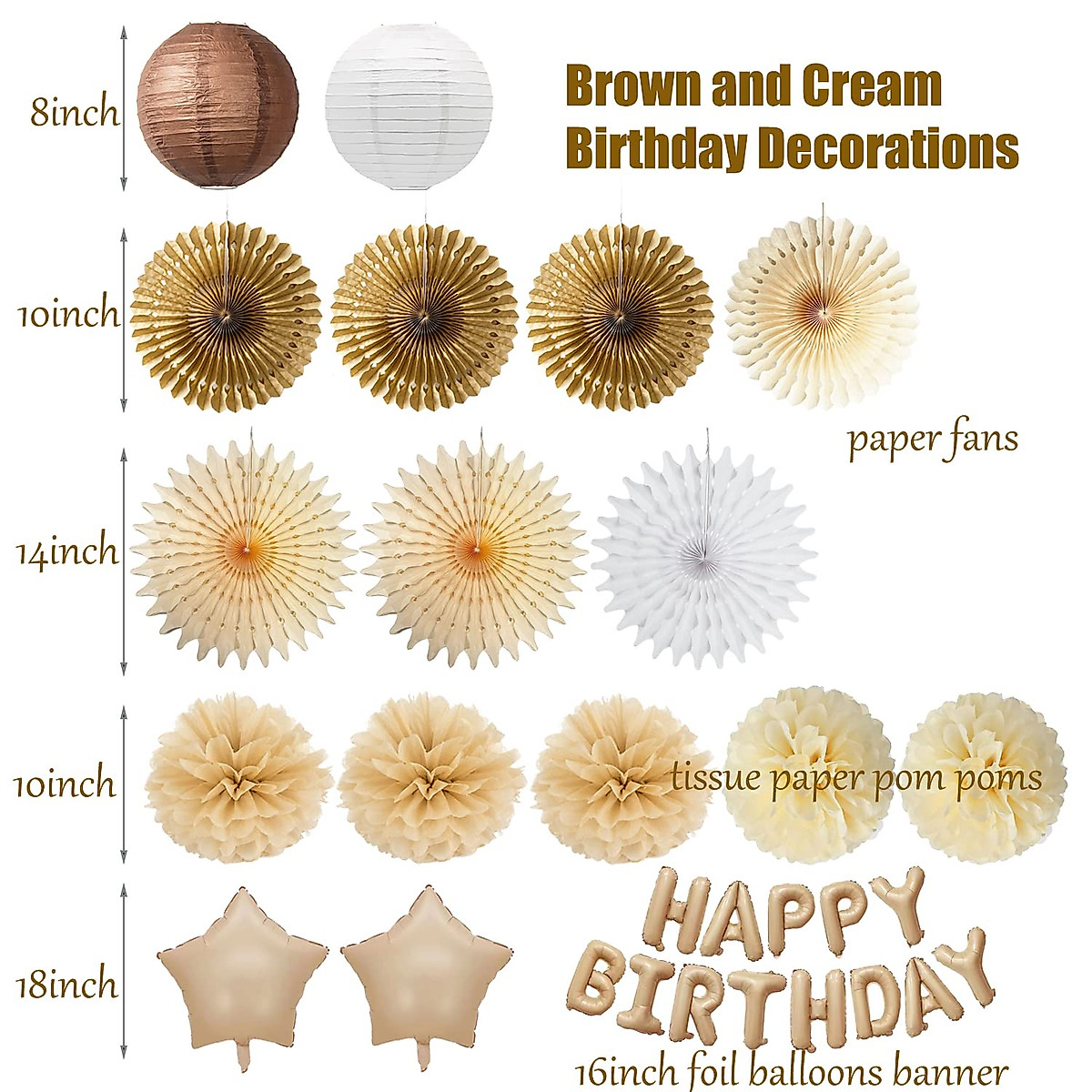 Brown Birthday Party Decorations Rustic Natural Birthday Tan Brown Ivory Paper Fans Paper Pom Poms Flowers Happy Birthday Foil Balloons for Baby Shower Woodland Teddy Bear Birthday Party Decoration