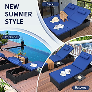 WAROOM Outdoor Chaise Lounge Chair PE Wicker Patio Furniture Set of 2 Black Rattan Pool Lounge Chairs Adjustable Backrest Recliners with Royal Blue Cushion