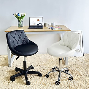 KKTONER Mid Back PU Leather Height Adjustable Swivel Modern Task Chair Computer Office Home Vanity Chair with Wheels (White)