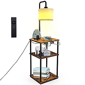 Hitish Floor Lamp with Table, Rustic End Table Lamp with USB Charging Port, Power Outlet & Shelves, Side Table Reading Light with Adjustable Color Temperatures & Brightness for Bedroom, Living Room