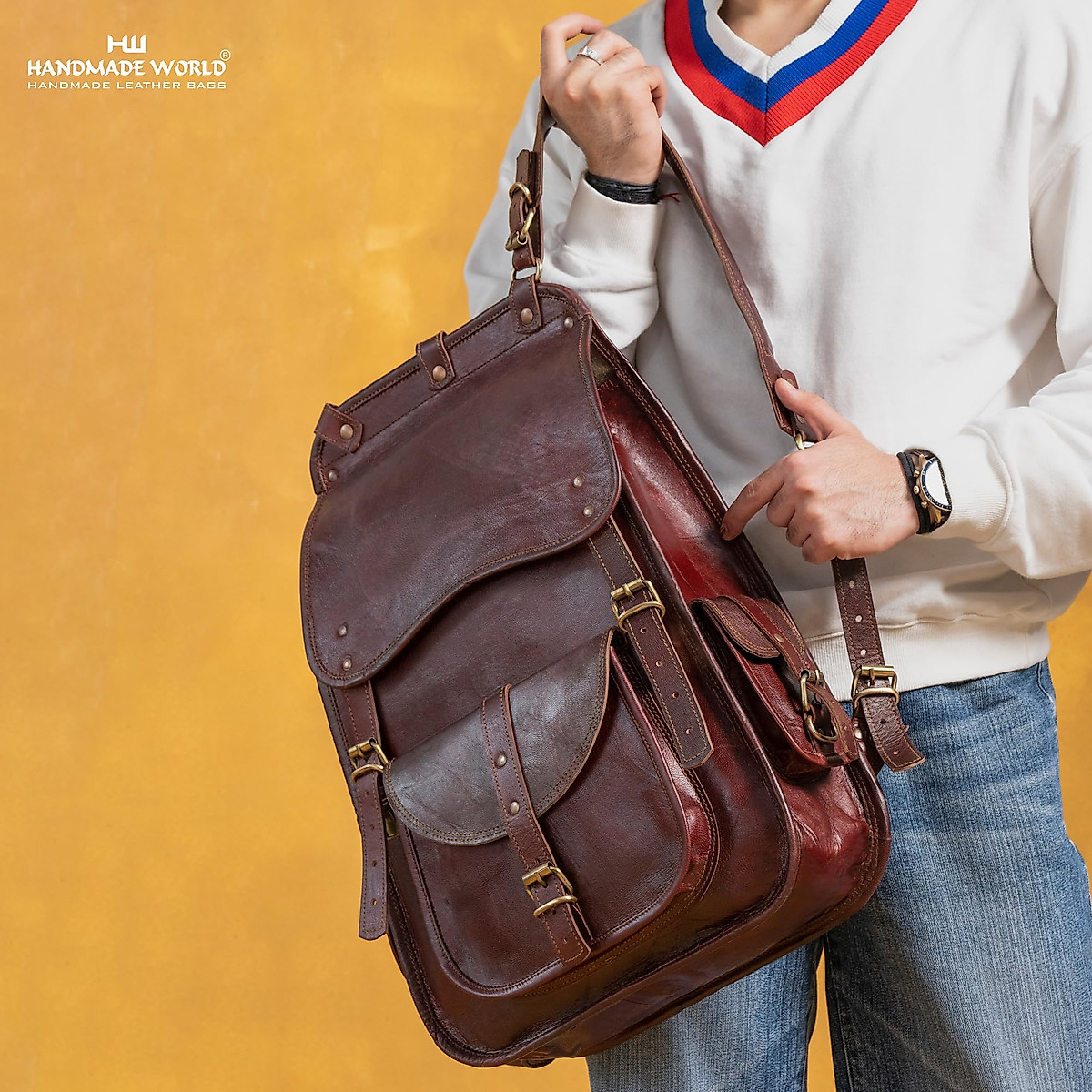 Handmade World Vintage Full Grain 21 Inch Leather Laptop LARGE Backpack Casual Bookbag Daypack Camping Travel Rucksack Knapsack