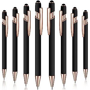 8 Pieces Ballpoint Pen with Stylus Tip Black Ink 2 in 1 Stylus Metal 1.0 mm Medium Point Smooth Pen Rainbow Colorful Rubberized Ballpoint Pen for Touch Screen Tablet (Rose Gold, Black)