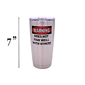 Rogue River Tactical Large Funny Fishing 20 Ounce Travel Tumbler Mug Cup w/Lid Warning Does Not Fish Well With Others Fishing Gift Fish
