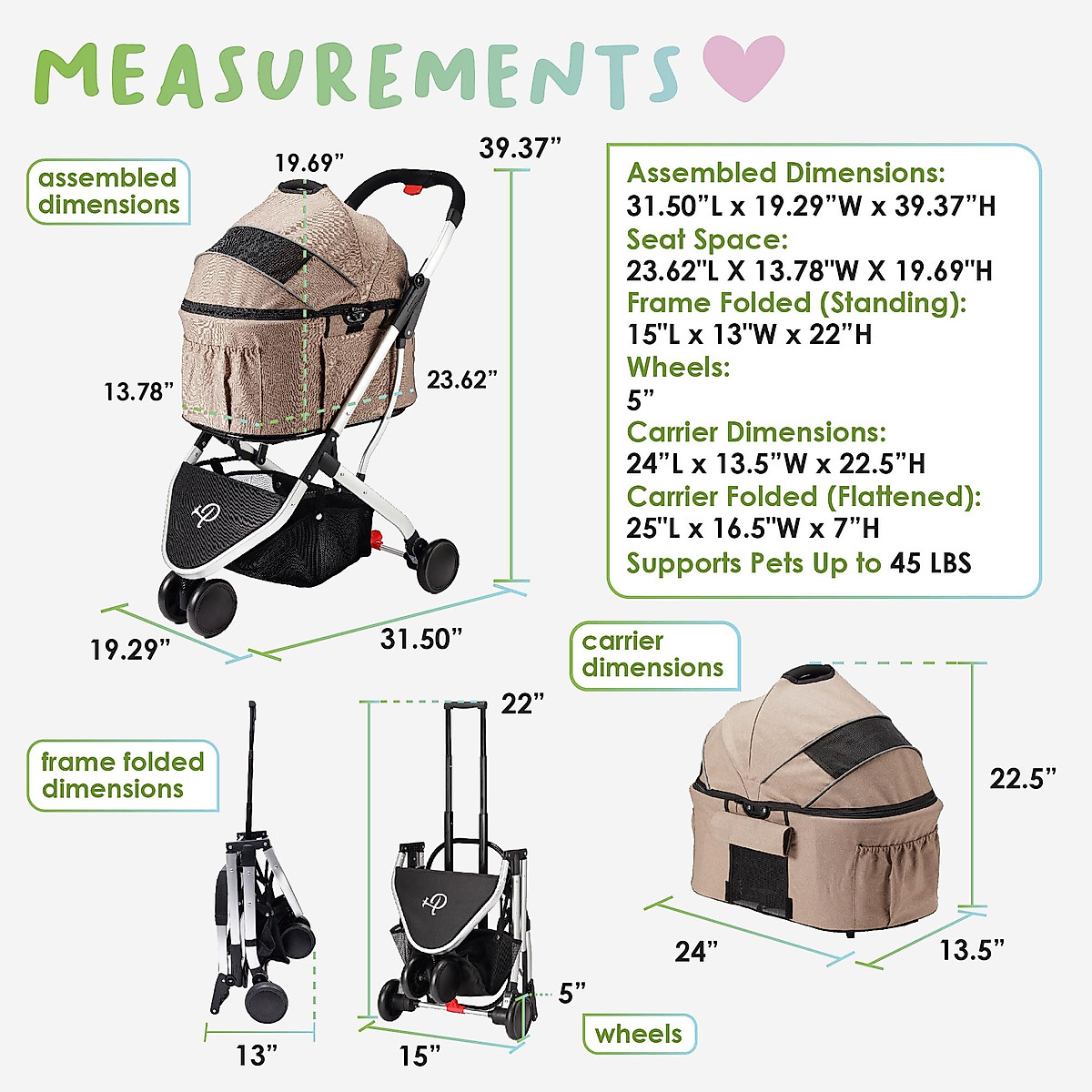 Petique 3-in-1 Newport Pet Stroller (Travel Carrier + Car Seat + Stroller), Easy Trifold/Unfold, 360º Front Rotating Wheel, Small/Medium Dogs, Cats and Pets, Supports up to 45LBS – Champagne (Beige)