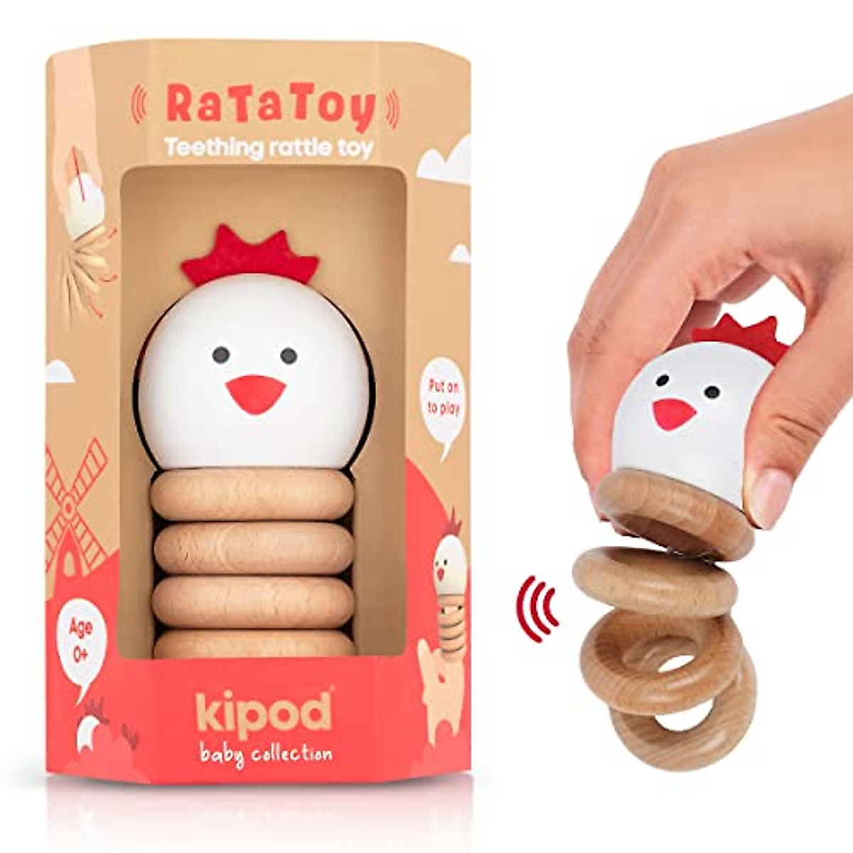 Kipod Wooden Baby Toy- Newborn Teething Toy & Wooden Baby Rattles 0-6 Months - All-Natural and Safe Material Wooden Rattle for Baby - Premium Wood Baby Teether Toy with Smooth Edges - Cute Chick