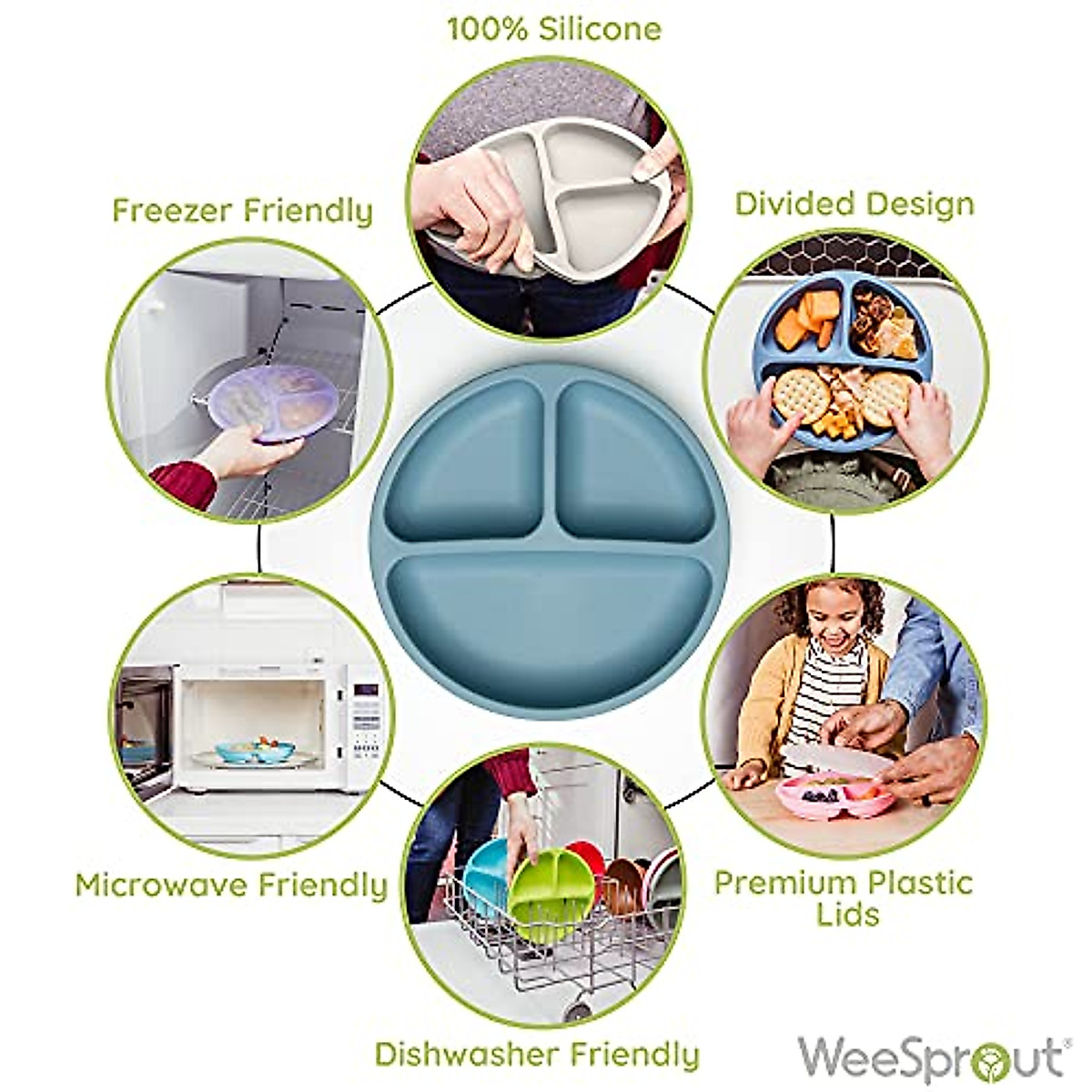 WeeSprout Non-Suction Silicone, Plastic Dishware Plate (With Lids), Food Grade for Toddlers, Kids, Dishwasher and Microwave Safe (Matte Dark Grey, Blue & Green, 3 Count (Pack of 1))
