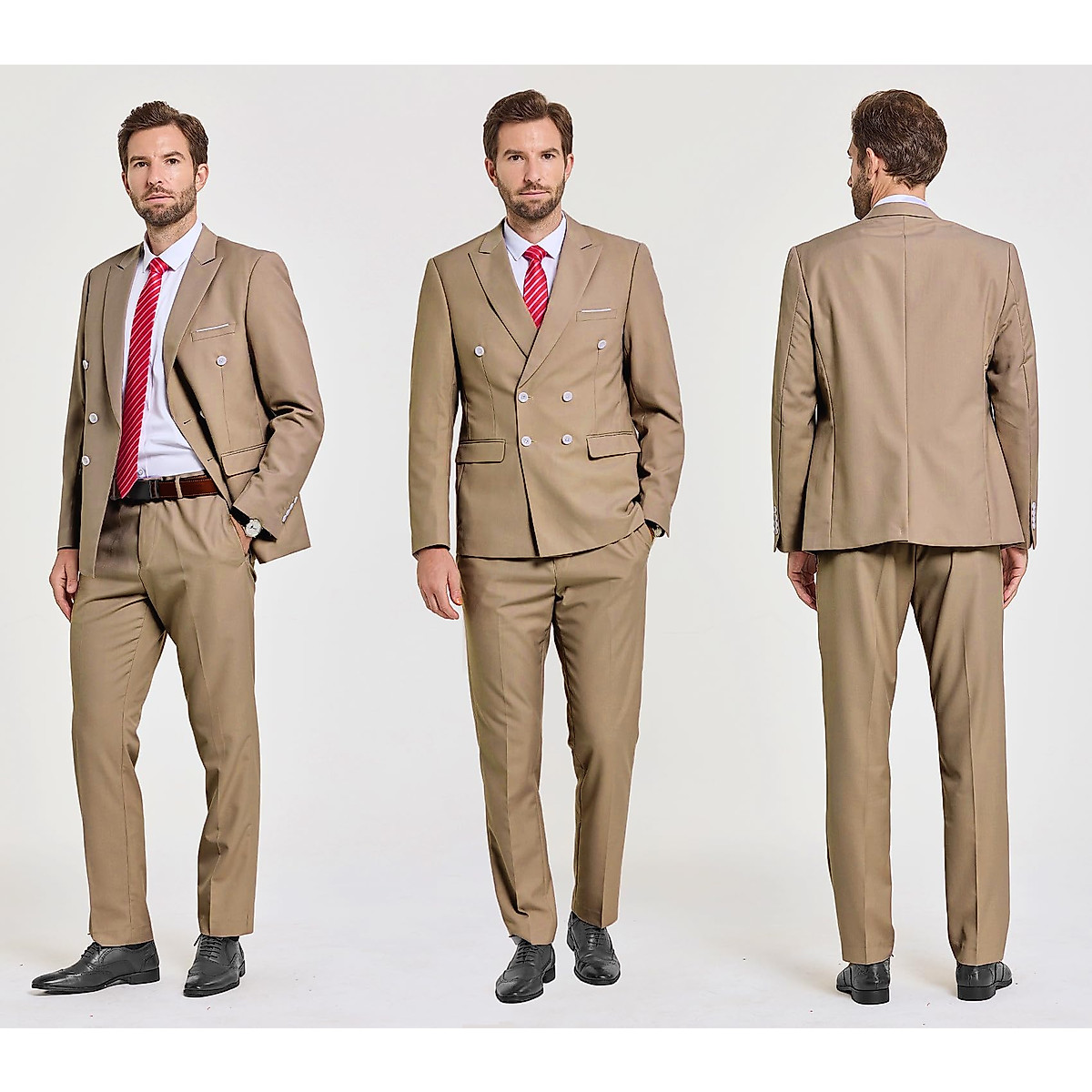 YND Men's Slim Fit 2 Piece Suit, Double-Breasted Jacket Pants Set with Tie, Solid Party Wedding Dress Blazer, Tux and Trousers Khaki