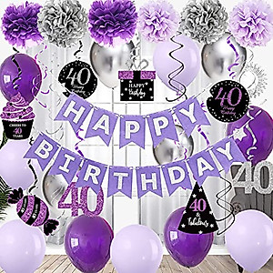 40th Birthday Decorations Women Purple Silver Black/40 Birthday Party Decorations Purple Silver Black Foil Hanging Swirls with Balloons Banner for Women 40th Birthday Party Supplies