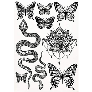 Temporary Tattoos for Adult Women - 2 Sheets - Black Big Snake Butterfly Lotus Mandala Medallion Sexy Small Butterflies Sleeve Words Adults Tattoo