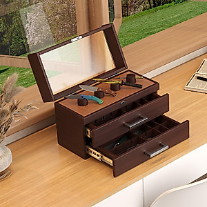 3 Tier Pocket Knife Display Case with 2 Drawers,Wooden Lockable Pocket Knife Holder Box, Large Capacity Knife Organizer Case for Knives,Watches,Wallets Storage and Colletcion