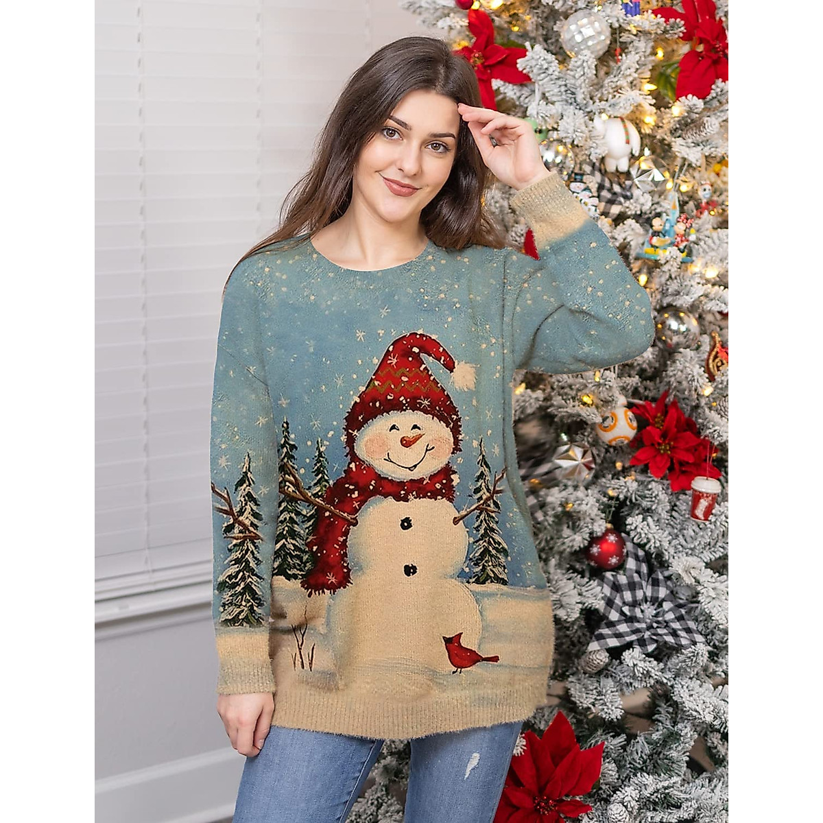 YESNO Ugly Christmas Sweater for Women Funny Snowman Graphic Printed Pullover Sweaters 2XL S01 CR121