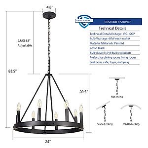 8-Light Farmhouse Wagon Wheel Chandelier, D24" Black Round Chandeliers for Dining Room, Modern Industrial Kitchen Island Pendant Light Fixtures for Foyer Living Room Entryway Bedroom, E12 Socket