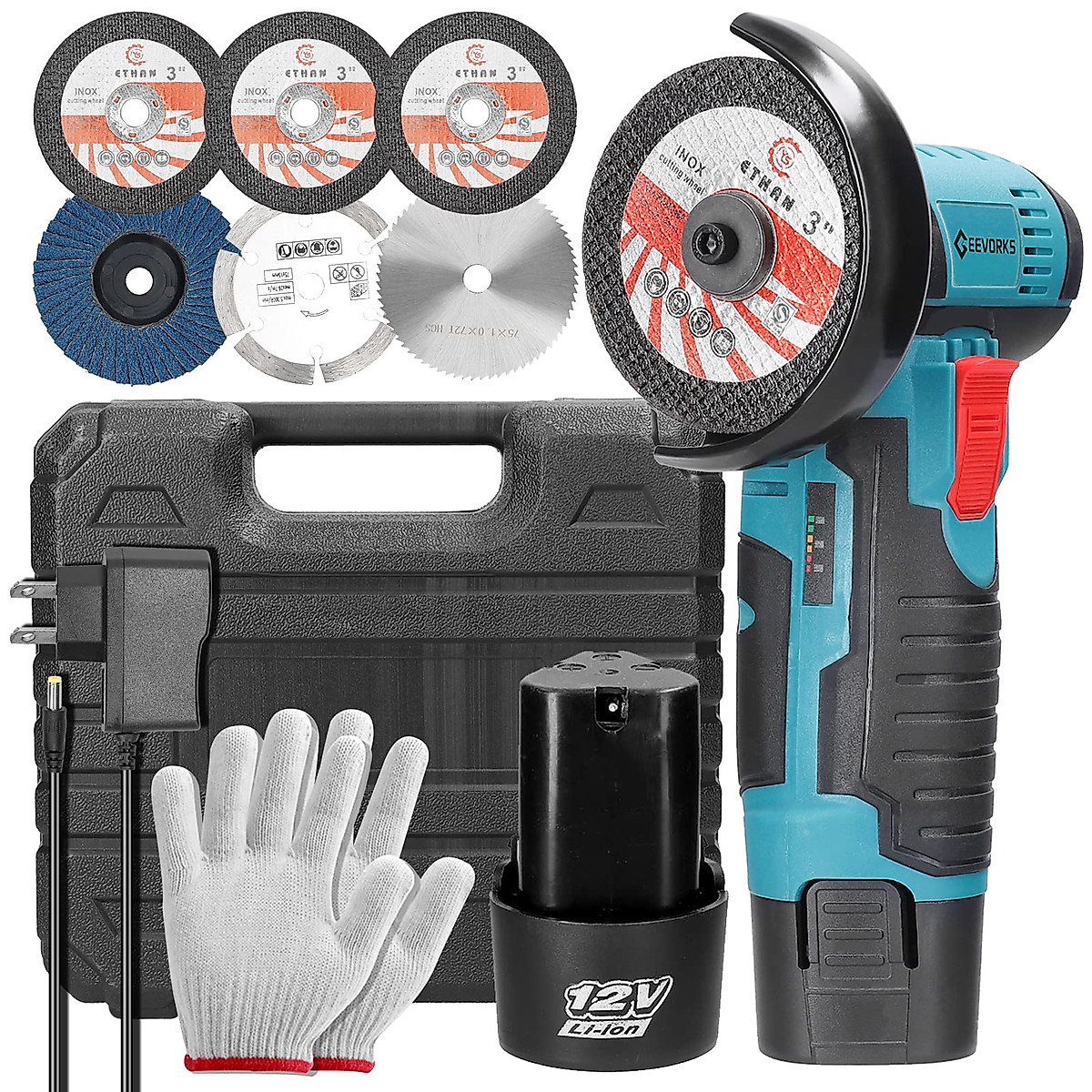 Angle Grinder, Geevorks Grinders Power Tools 12V 19500RPM, Mini Angle Grinder Cordless with 2PCS 1500mAh Battery/Nylon Cutting Blade-s/Grinding Disc/Metal Cutting Disc, Blue