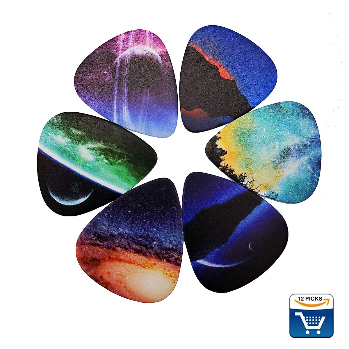 Unique Guitar Picks 12 Medium Gauge Pack with Picks Holder and Plastic Picks Box, SUNLP Fairyland Galaxy Themed Guitar Cool Picks for Bass Electric Guitar Acoustic Guitar Lovers guitarists gift