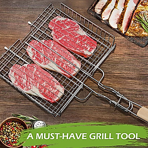 DOUBLE TWO - Stainless Steel Grill Basket, Grill Baskets for Outdoor Grill, Fish Grill Basket, for Meat Vegetable, Grilling Basket, BBQ Accessory, With Adjustable Cover & Detachable Handle, 1Pcs