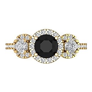 1.75ct Round Cut Halo Solitaire 3 stone Natural Black Onyx Engagement Promise Anniversary Bridal Ring 18K Yellow Gold 3.5