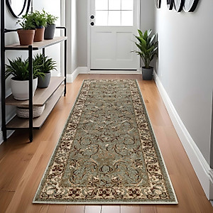 Superior Indoor Runner Rug, Jute Backed Rugs for Bedroom, Living/Dining Room, Office, Entryway, Hallway, Kitchen, Traditional Floral Scroll Floor Decor, Heritage Collection, Green, 2' x 11'