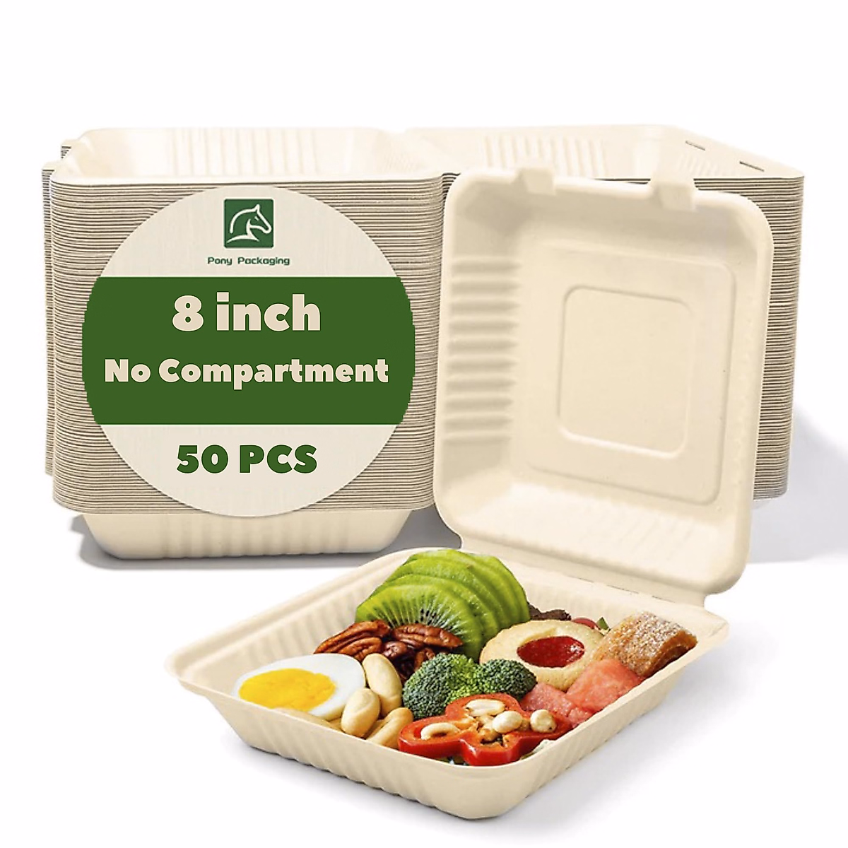 Pony Packaging 8X8 50-Pack 100% Compostable Clamshell Take Out Food Containers, Heavy-Duty Quality to go Containers, Natural Disposable Bagasse, Eco-Friendly Biodegradable Made of Sugar Cane Fibers