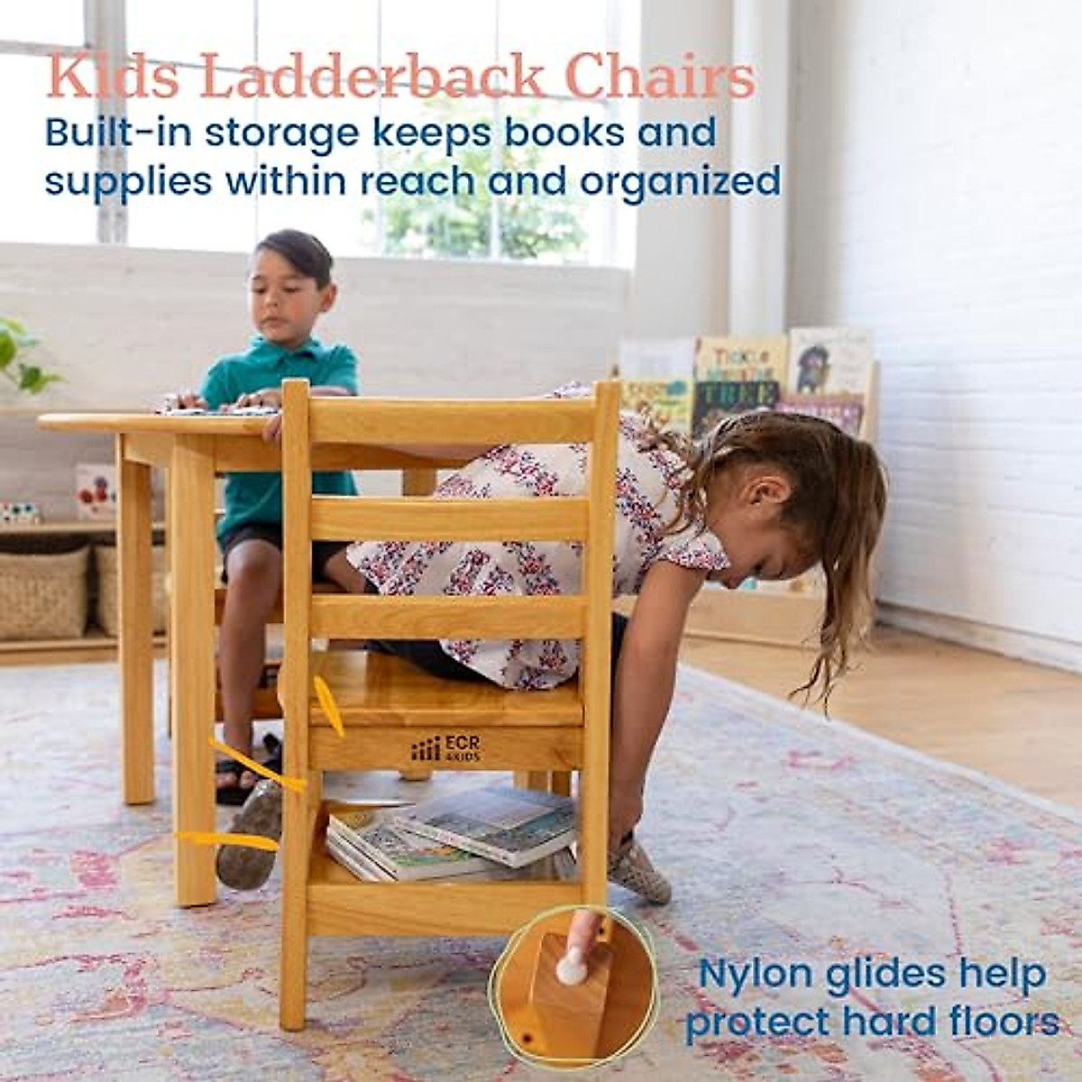 ECR4Kids Three Rung Ladderback Chair with Storage, 12in Seat Height, Classroom Seating, Natural, 2-Pack