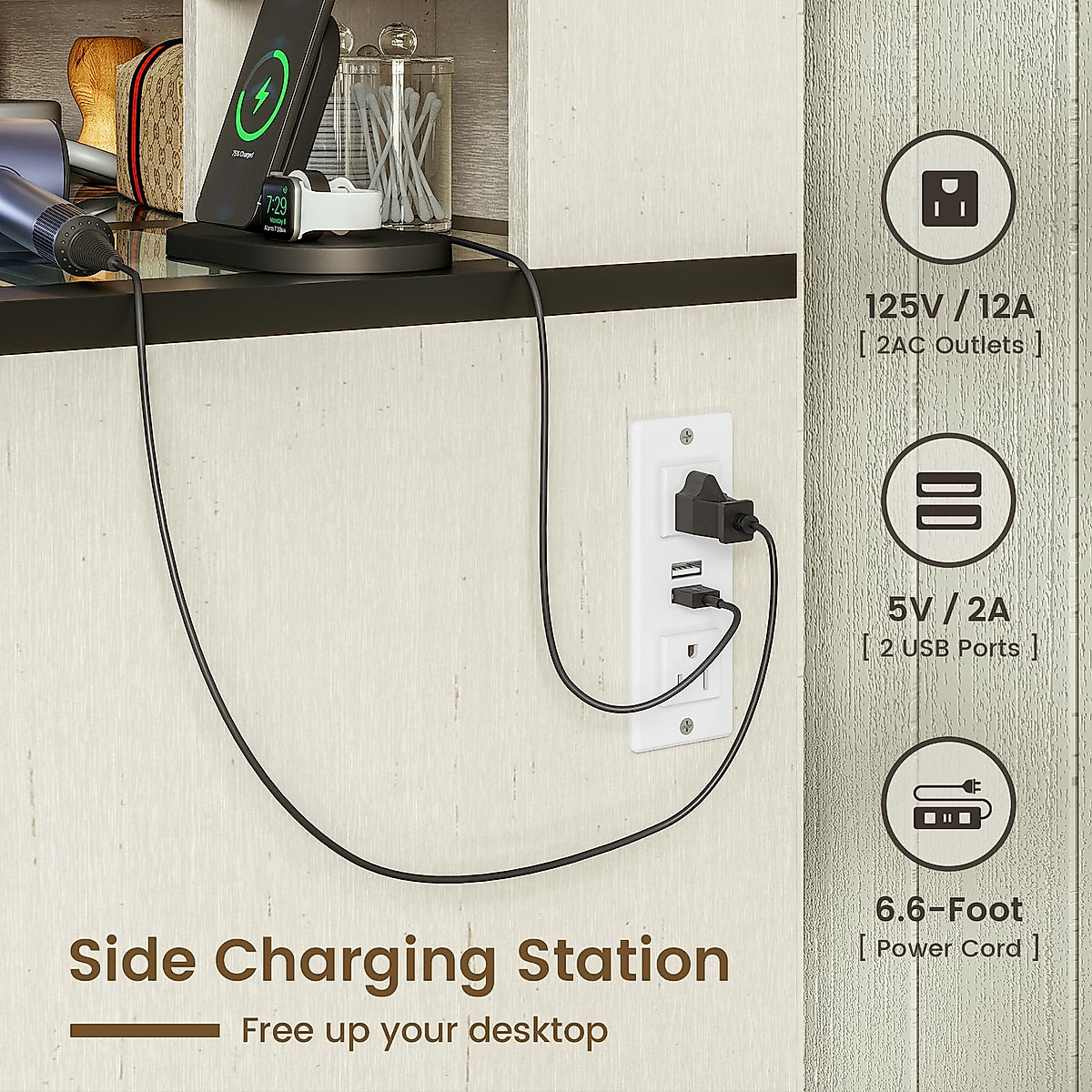 HAUOMS Farmhouse Makeup Vanity Desk with Sliding Lighted Mirror, Glass Top Vanity Desk with Power Outlet, Rustic Vanity Set, Antique White