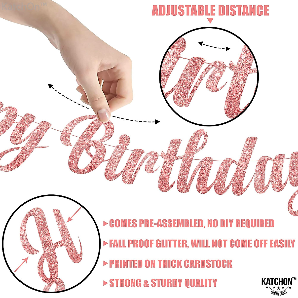 KatchOn, Cursive Glitter Rose Gold Happy Birthday Banner - Pre-Strung, 10 Feet, No DIY | Pink Happy Birthday Banner for Rose Gold Birthday Decorations | Happy Birthday Sign, Happy Birthday Decorations