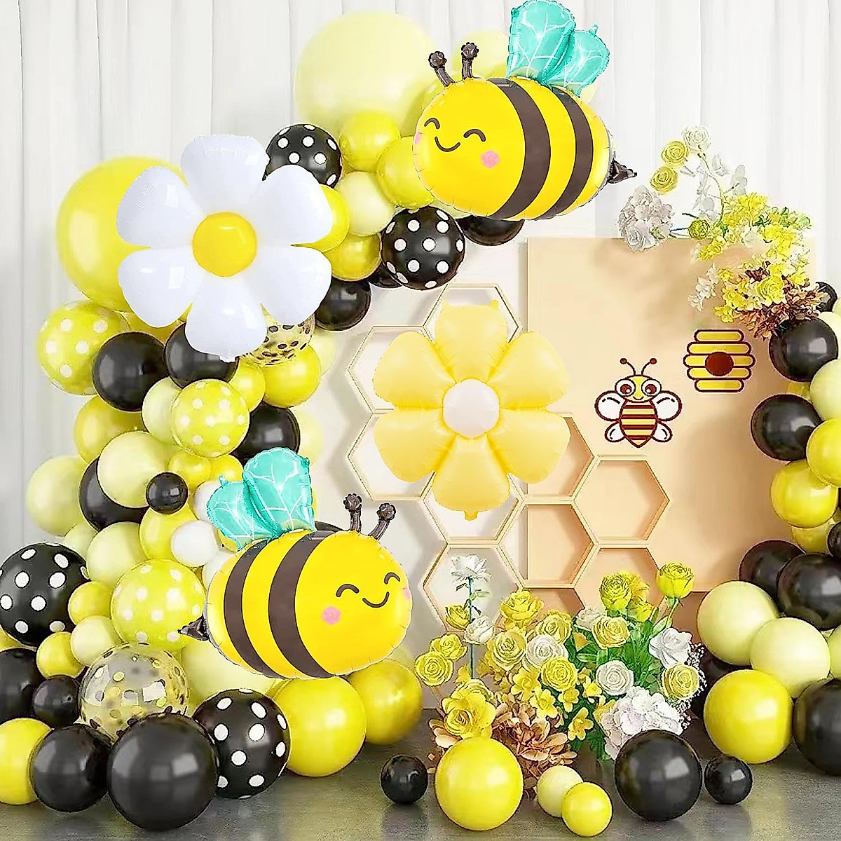 Jiahaoppx Bee Balloon Yellow and Black Bee Foil Mylar Balloons and Daisy Flower Balloons for Baby Shower Bee Themed Party Birthday Decoration Supplies 8 Pcs