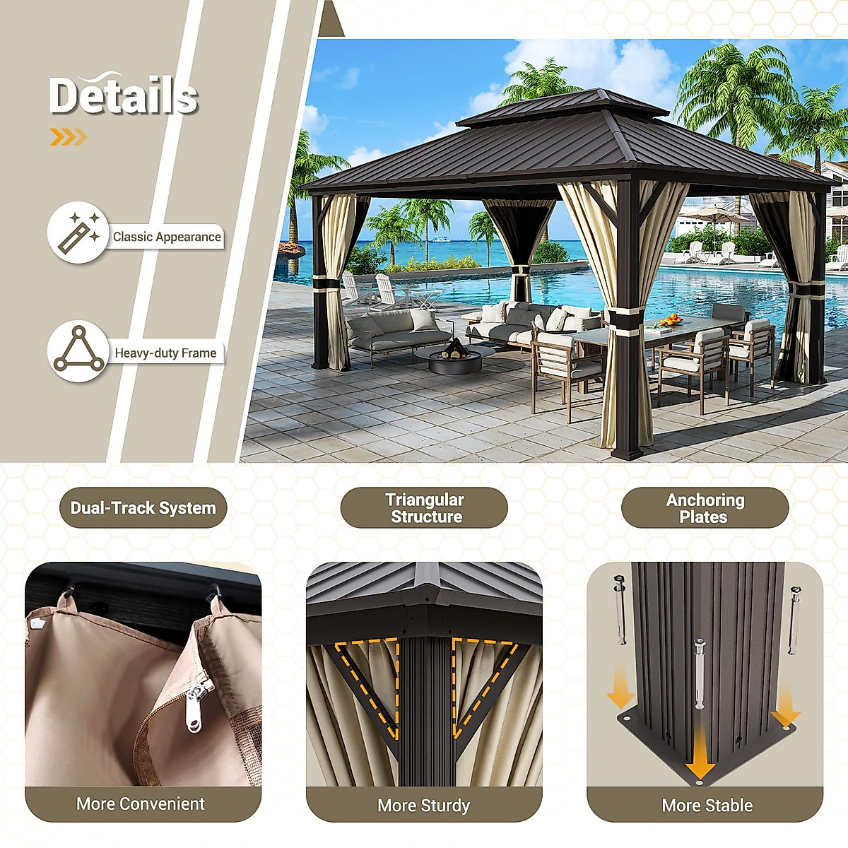 UDPATIO 12' x 16' Hardtop Gazebo, Outdoor Aluminum Gazebo with Galvanized Steel Double Roof, Permanent Metal Canopy with Curtains and Netting for Patio, Garden, Lawn, Backyard, Deck, Beige