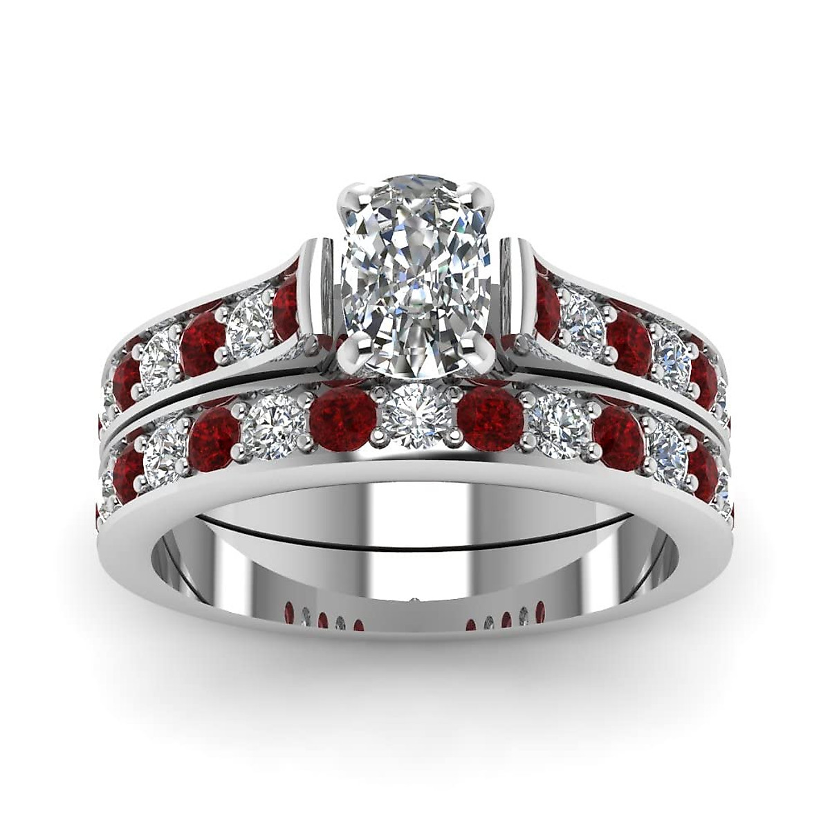 CustomizedGifts Cathedral Pave Diamond Bridal Set 925 Sterling Silver Created Ruby Cushion Shape Red Color Wedding Ring Sets Pave Setting in Size 7 Party Wear Daily Wear Ornament
