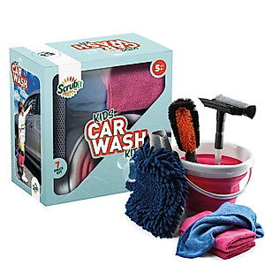 Kids Car Wash Activity Kit – 7 Kid-Sized Carwash Accessories Gifts for Boys & Girls Ages 5 6 7 8-10 - Outdoor Fun Toys – Set Includes Bucket, Squeegee, Microfiber Mitt, Wheel Brush, 3 Cleaning Cloths