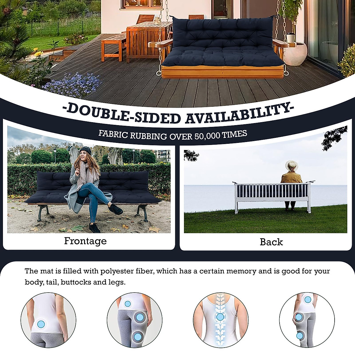 rlosqvee Outside Benches Cushion with Backrest, Thicken Waterproof Swing Cushions 2/3 Seater Replacement, Porch Swing Cushions Outdoor (Navy Blue, 40 x 60 inch)