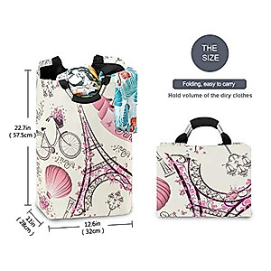 AUUXVA Laundry Basket Eiffel Tower Paris France Flower Laundry Hamper Collapsible Oxford Dirty Clothes Bag Kids Toy Storage Organizer with Handles for Home College Dorm Bathroom