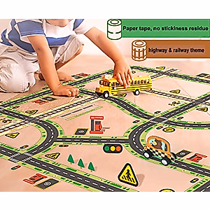 Clorful Imaginative Road Tape for Kids Toy Cars, 2 Rolls of 16.4ft x2.4 inch Adhesive Railway & Highway Tracks with Traffic Signs and Curved Roads.