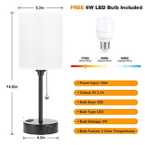 Small Bedroom Lamps 3 Color Temperatures - 2700K 3500K 5000K Bedside Lamps with USB C and A Ports, Pull Chain Table Lamps with AC Outlet, White Nightstand Lamps with Black Metal Base for Kids Reading