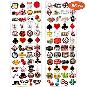 Casino Theme Temporary Tattoos Birthday Party Decorations Favors Decor Supplies Cute Tattoo Stickers 8 Sheets 96 PCS Gifts for Kids Boys Girls Games Classroom Rewards Prizes Carnival Christmas