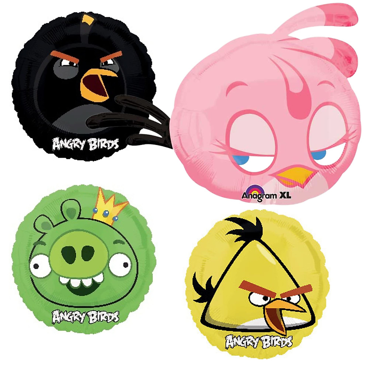 Angry Birds Party Balloons - Set Of 4 Balloon Decorations Featuring The Pink Black Yellow And Green King Pig Bird Globos For A Birthday Bouquet Centerpiece